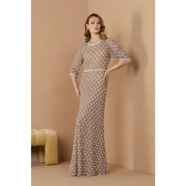 Mac Duggal Pearl & Crystal Embellished Evening Gown - Light Rose