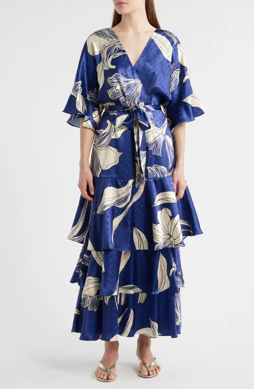 CIEBON Calix Floral Jacquard Tiered Maxi Dress - Navy Multi