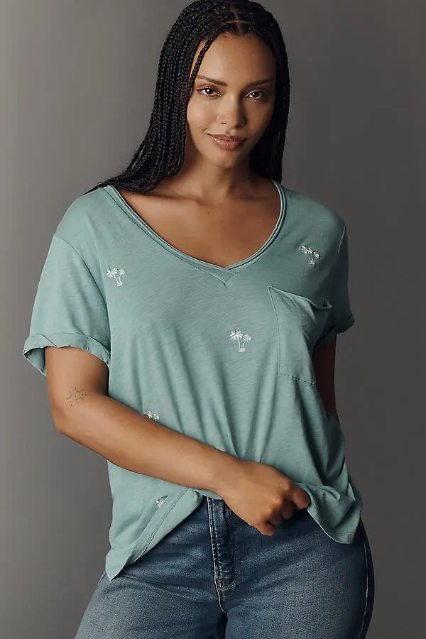 PILCRO Quinn Short-sleeve V-neck T-shirt - Dark Turquoise