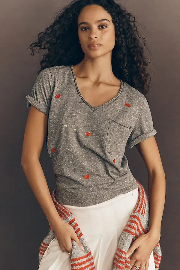 PILCRO Quinn Drapey V-neck T-shirt - Grey Pattern