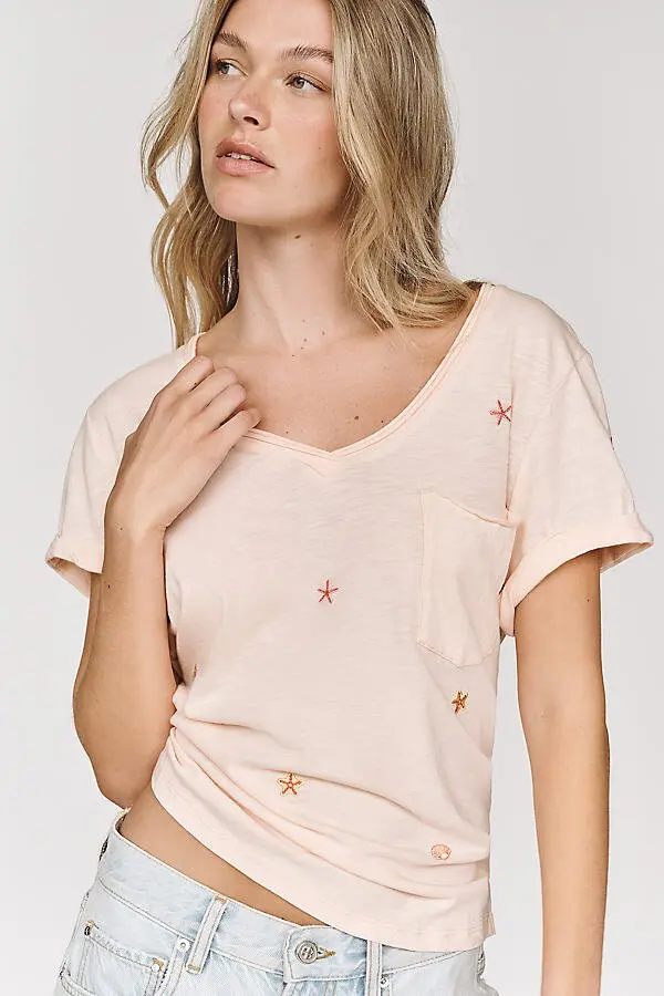 PILCRO Quinn Short-sleeve V-neck T-shirt - Peach
