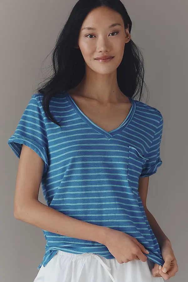 PILCRO The Quinn Short-sleeve V-neck T-shirt - Victoria Blue/aquatic Stripe