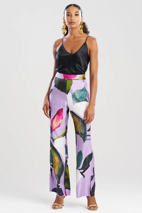 Natori Yoru Silk Twill Wide Leg Pants - Floral