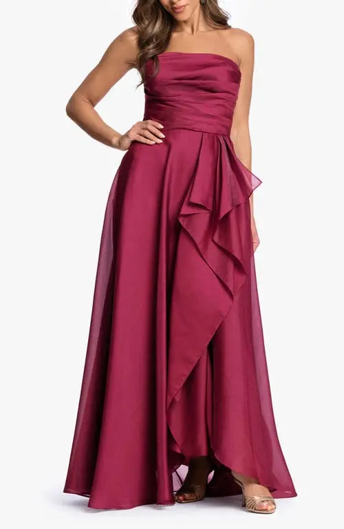 XSCAPE EVENINGS Strapless Ruffle Detail Metallic Organza Gown - Wine