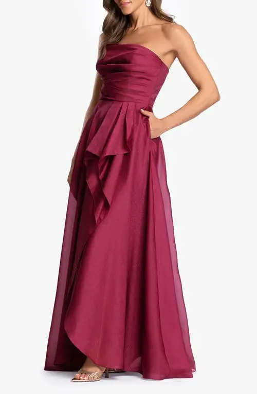 XSCAPE EVENINGS Strapless Ruffle Detail Metallic Organza Gown - Wine