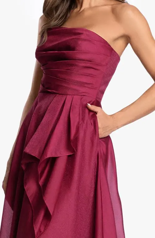 XSCAPE EVENINGS Strapless Ruffle Detail Metallic Organza Gown - Wine