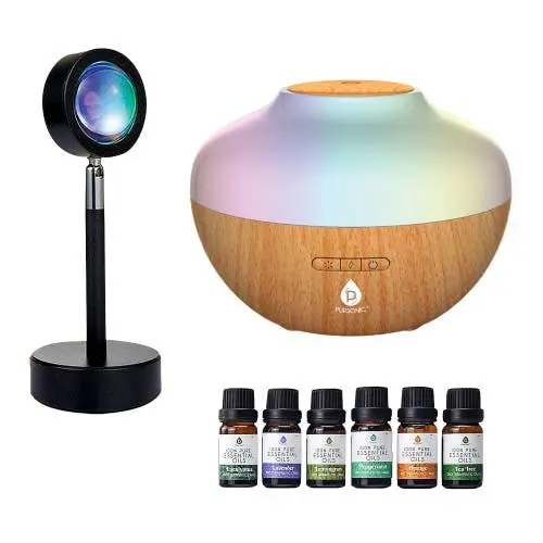 PURSONIC Sunset Projector Table Lamp With Essential Oil Aroma Diffuser & 6-pack Of 100% Pure Aromatherapy Oils - Multicolor