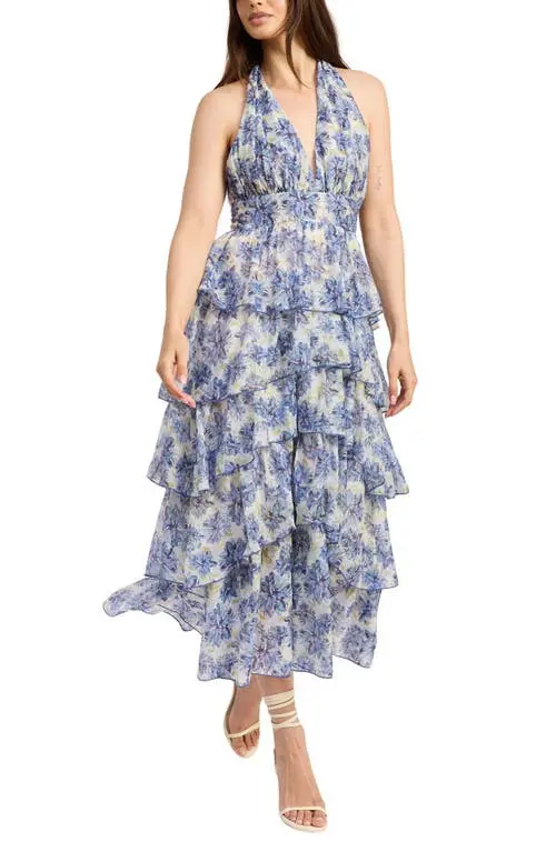 En Saison Odessa Floral Print Tiered Halter Maxi Dress In Ivory Blue Multi  - 60% Off | Editorialist