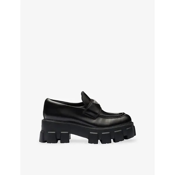 Prada Monolith Logo-plaque Leather Loafers - Black