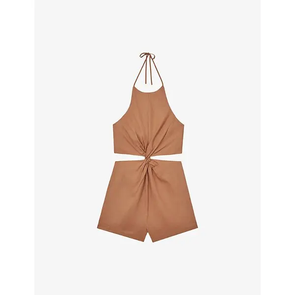 REISS Halter-neck Cut-out Linen Playsuit - Brown