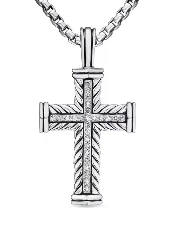David Yurman Sterling Chevron Cross Diamond Pendant - Silver