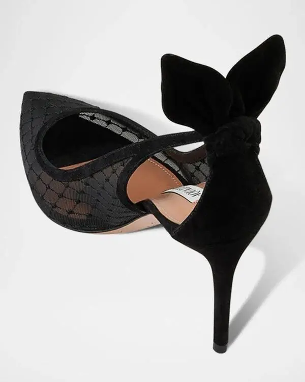 AQUAZZURA Net Mesh Suede Bow Pumps - Black