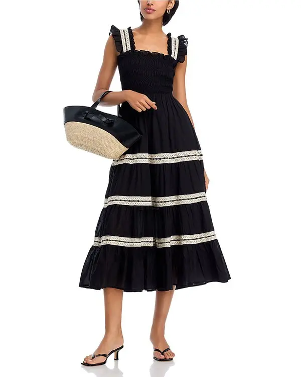 Smocked Lace Inset Midi Dress