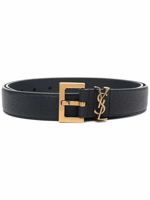 Saint Laurent Grained Leather Cassandre Belt With Square Buckle - Black