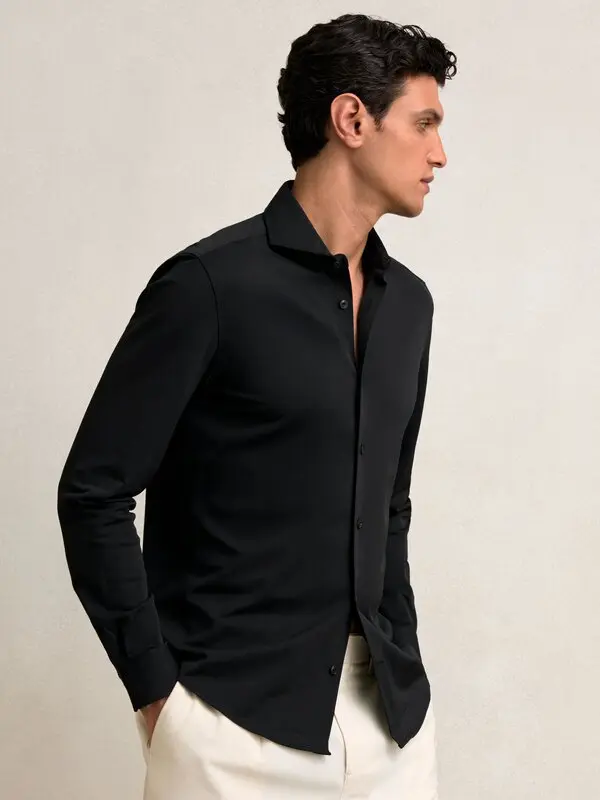 REISS Charge Stretch Jersey Cutaway-collar Shirt - Black