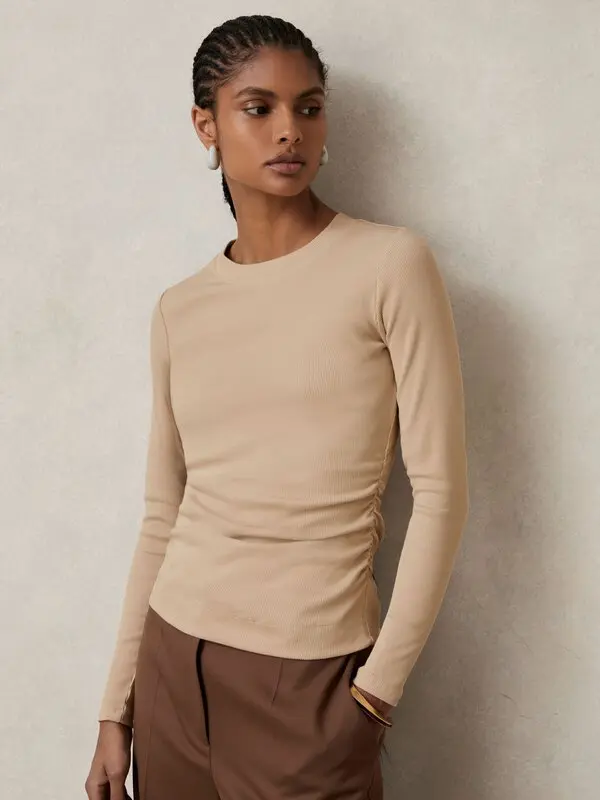 REISS Cotton Long-sleeve Ruched T-shirt - Camel