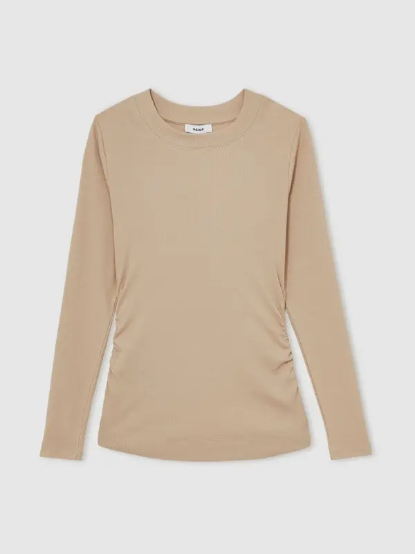REISS Cotton Long-sleeve Ruched T-shirt - Camel