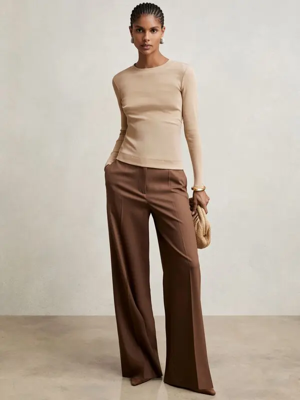 REISS Cotton Long-sleeve Ruched T-shirt - Camel