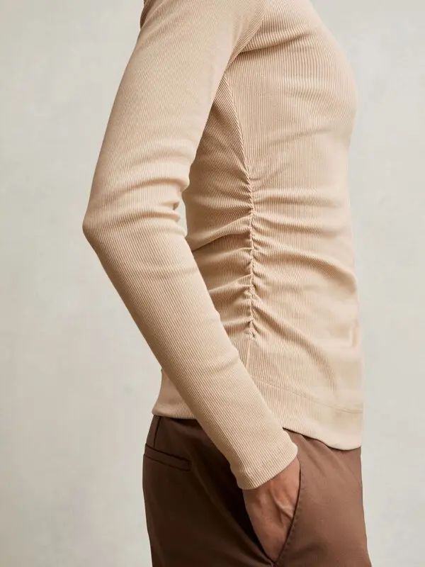 REISS Cotton Long-sleeve Ruched T-shirt - Camel