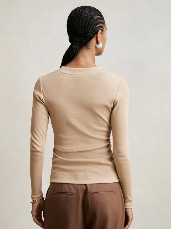 REISS Cotton Long-sleeve Ruched T-shirt - Camel