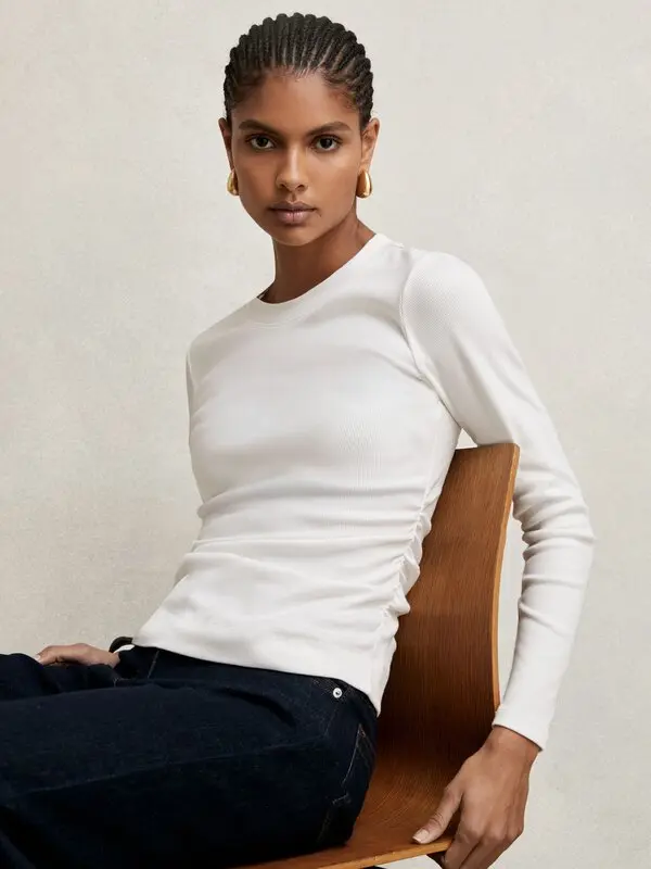 REISS Cotton Long-sleeve Ruched T-shirt - White