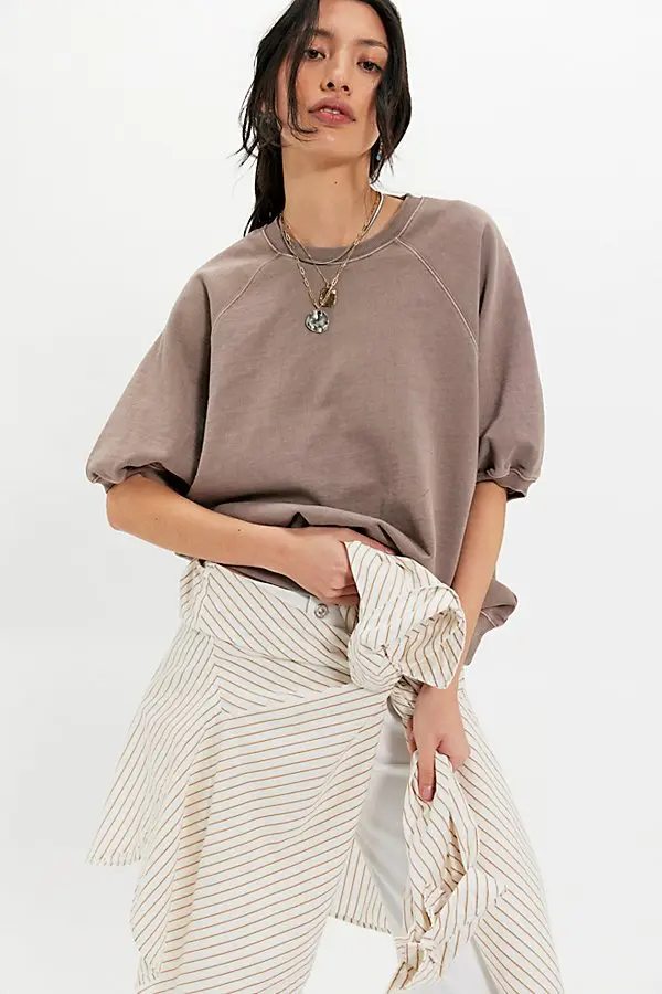Free People Terry Puff-sleeve Sweatshirt - Dusted Cocoa