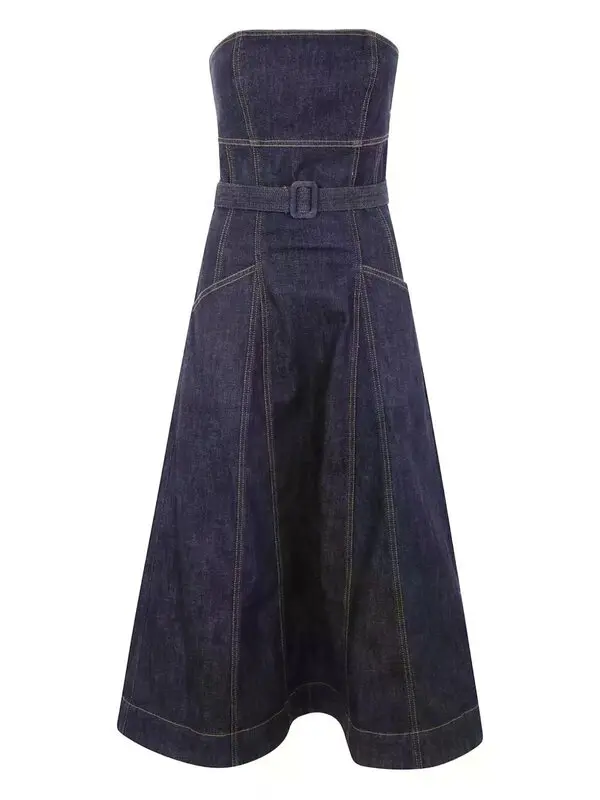 SELF-PORTRAIT Strapless Belted Denim Midi Dress