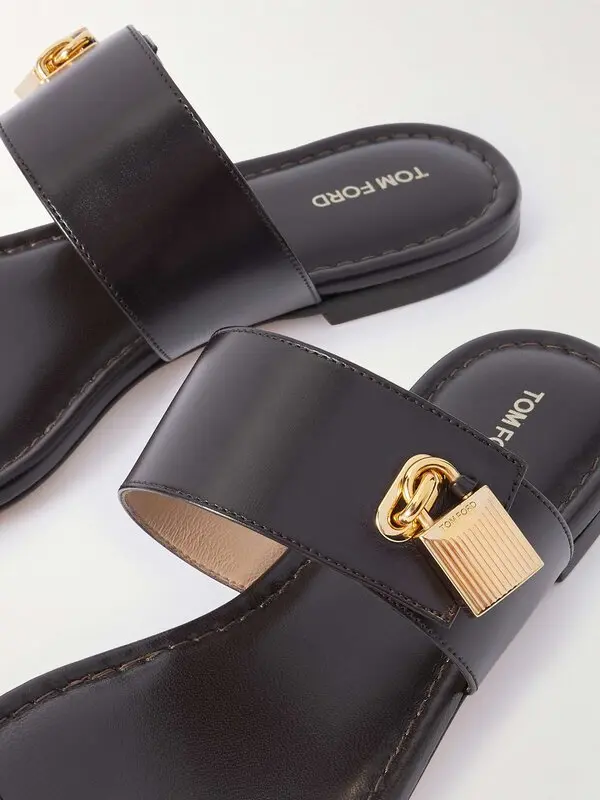 TOM FORD Embellished Leather Slides - Dark Brown