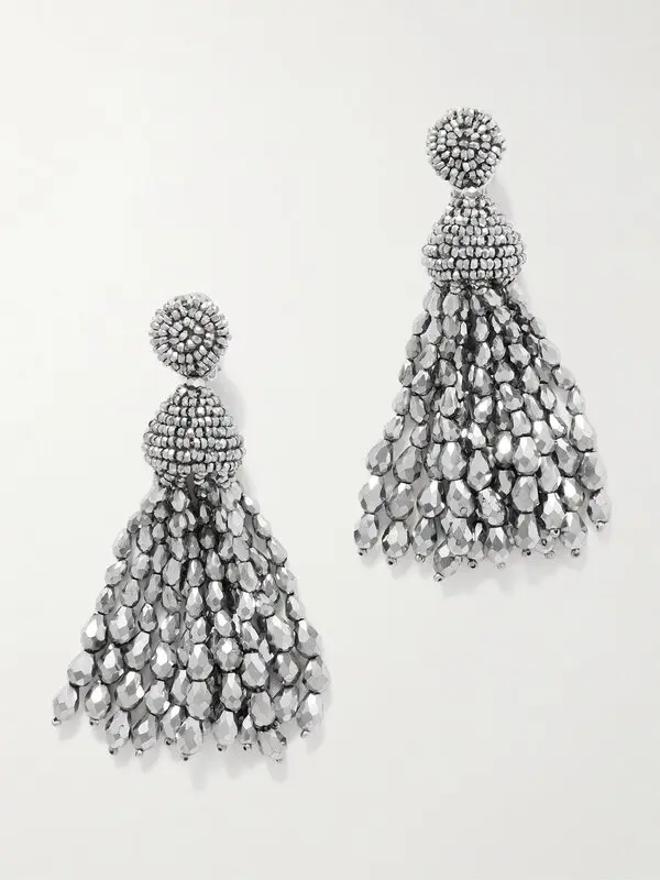 Oscar De La Renta Toned Beaded Clip-on Earrings - Silver