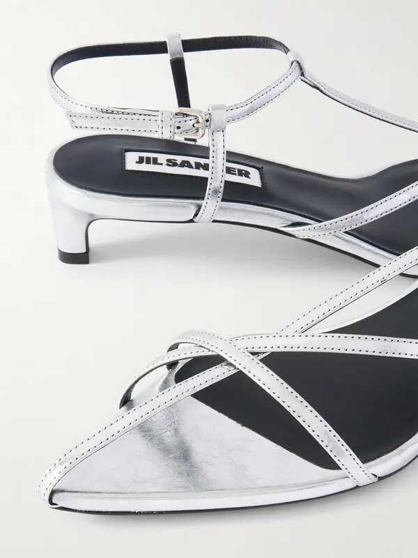 JIL SANDER Metallic Leather Strappy Kitten Heel Sandals