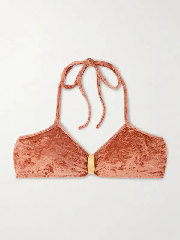 Chloé Embellished Velvet Halterneck Bikini Top - Orange