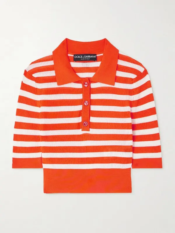 Dolce & Gabbana Cropped Striped Ribbed-knit Polo Shirt - Red