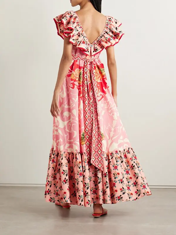 Camilla Belted Embellished Ruffled Printed Organic Cotton-poplin Maxi Dress - Pink