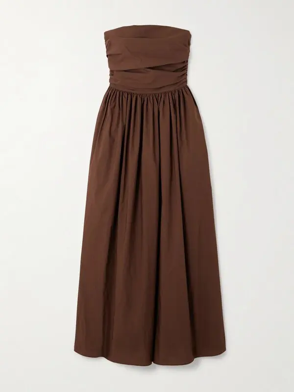 chinese dress ladies Textured Cotton Strapless Tiered Ruffle Maxi Dress Sand / M