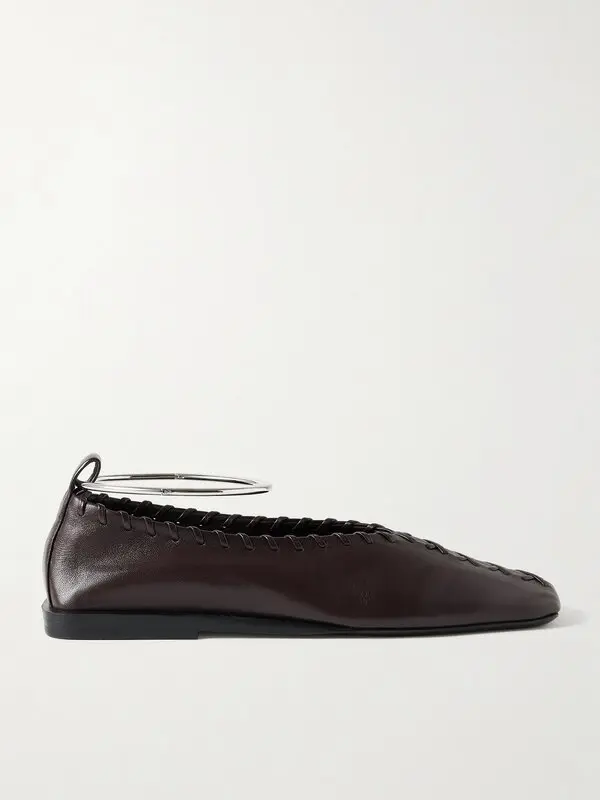JIL SANDER Ring Whipstitch-trimmed Leather Ballet Flats - Brown