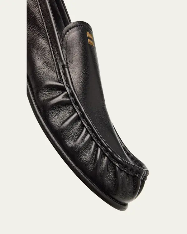 Miu Miu Ruched Leather Moccasin Loafers - Nero