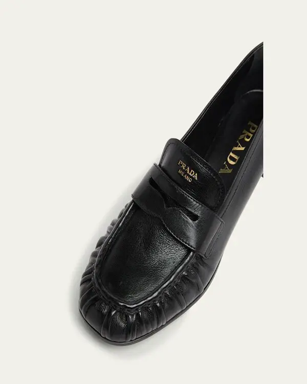 Prada Ruched Leather Loafers - Nero