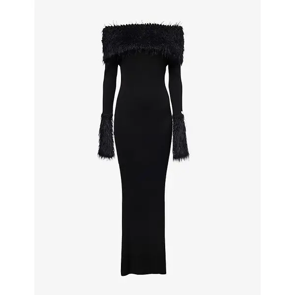 Jean Paul Gaultier Off-shoulder Faux Fur-trim Ribbed Maxi Dress - Black