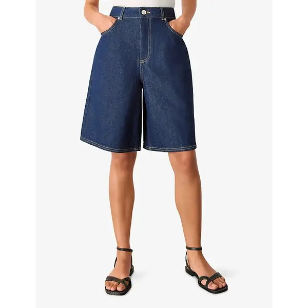 Whistles Wide-leg High-rise Knee-length Denim Shorts - Navy