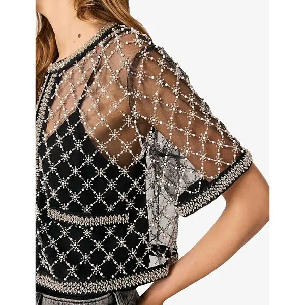 Maje Bead-embroidered Tulle Top