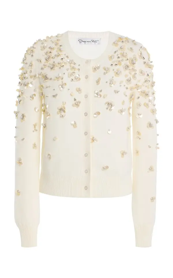 Oscar De La Renta Mother-of-pearl Embellished Wool Cardigan - Ivory