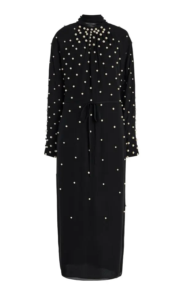 Oscar De La Renta Pearl-embellished Silk-georgette Midi Dress - Black