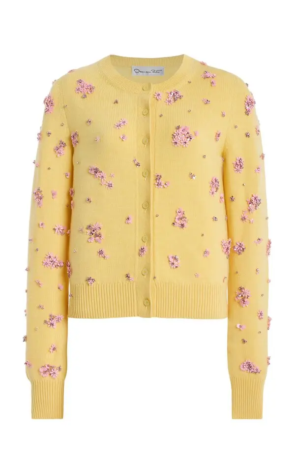 Oscar De La Renta Embellished Wool Cardigan - Yellow
