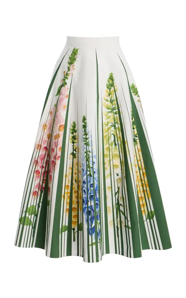 Oscar De La Renta Foxglove-printed Cotton-poplin Midi Skirt - Multi