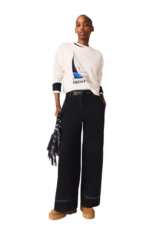 Maje Cotton Canvas Trousers With Belt - Navy