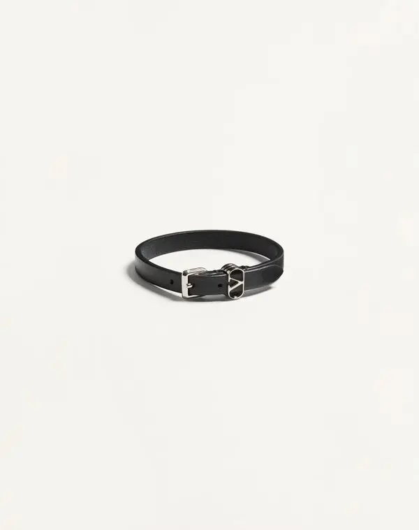 Valentino Garavani Ovalette Calfskin Bracelet With Palladium Vlogo Signature - Black