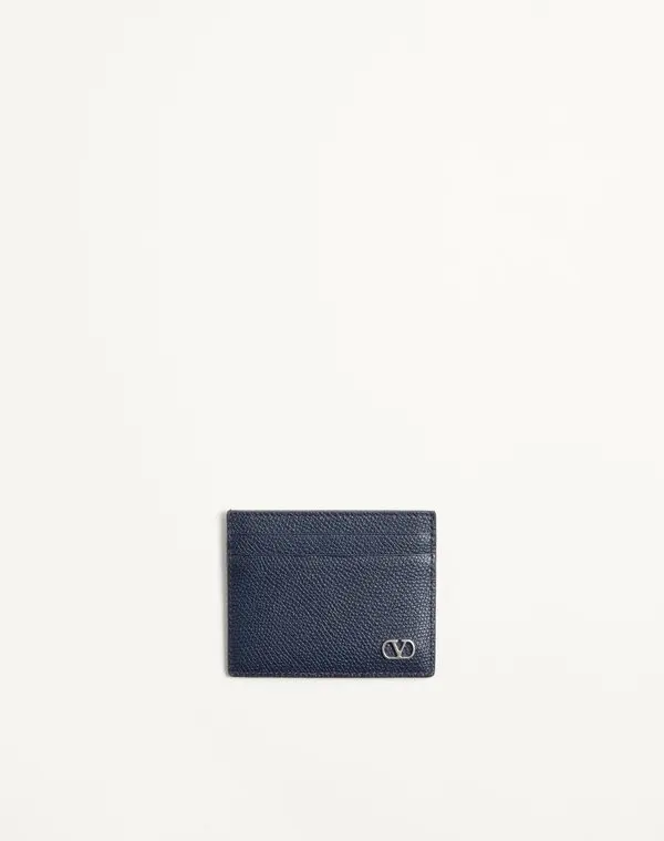 Valentino Garavani Vlogo Signature Cardholder In Grainy Calfskin - Marine