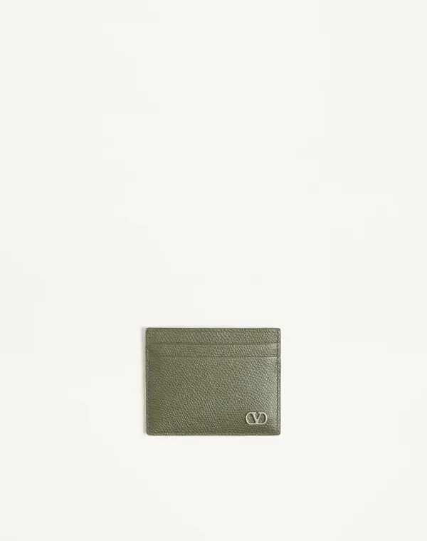 Valentino Garavani Vlogo Signature Cardholder In Grainy Calfskin - Military Green