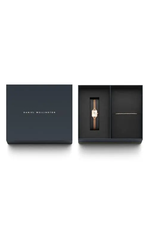 DANIEL WELLINGTON Mini Quadro Champagne Dial Watch & Tennis Bracelet Set - Rose Gold