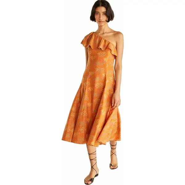 Rebecca Taylor Isabelle One-shoulder Ruffled Dress - Burnt Orange Combo